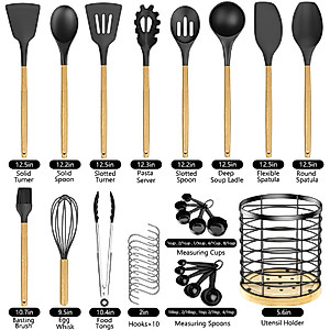 ebeau Cooking Utensils Set with Holder - 32 Pcs Silicone Kitchen Utensils Set - Non-Stick Silicone Spatula Set, BPA Free Wooden Handle Silicone Gadget Set+Utensil Holder