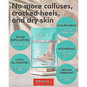 DERMAL KOREA Foot Peeling Mask 3 Pack For Dry Foot And Cracked Heel & Callus With Aloe Vera And Collagen - Exfoliating Peel Mask With Aha, Bha, & Pha And For Moisturizing, Soothing & Refreshing Feet