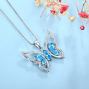 YL Butterfly Necklace for Women 925 Sterling Silver Created Aquamarine Butterfly Pendant Jewelry Gifts