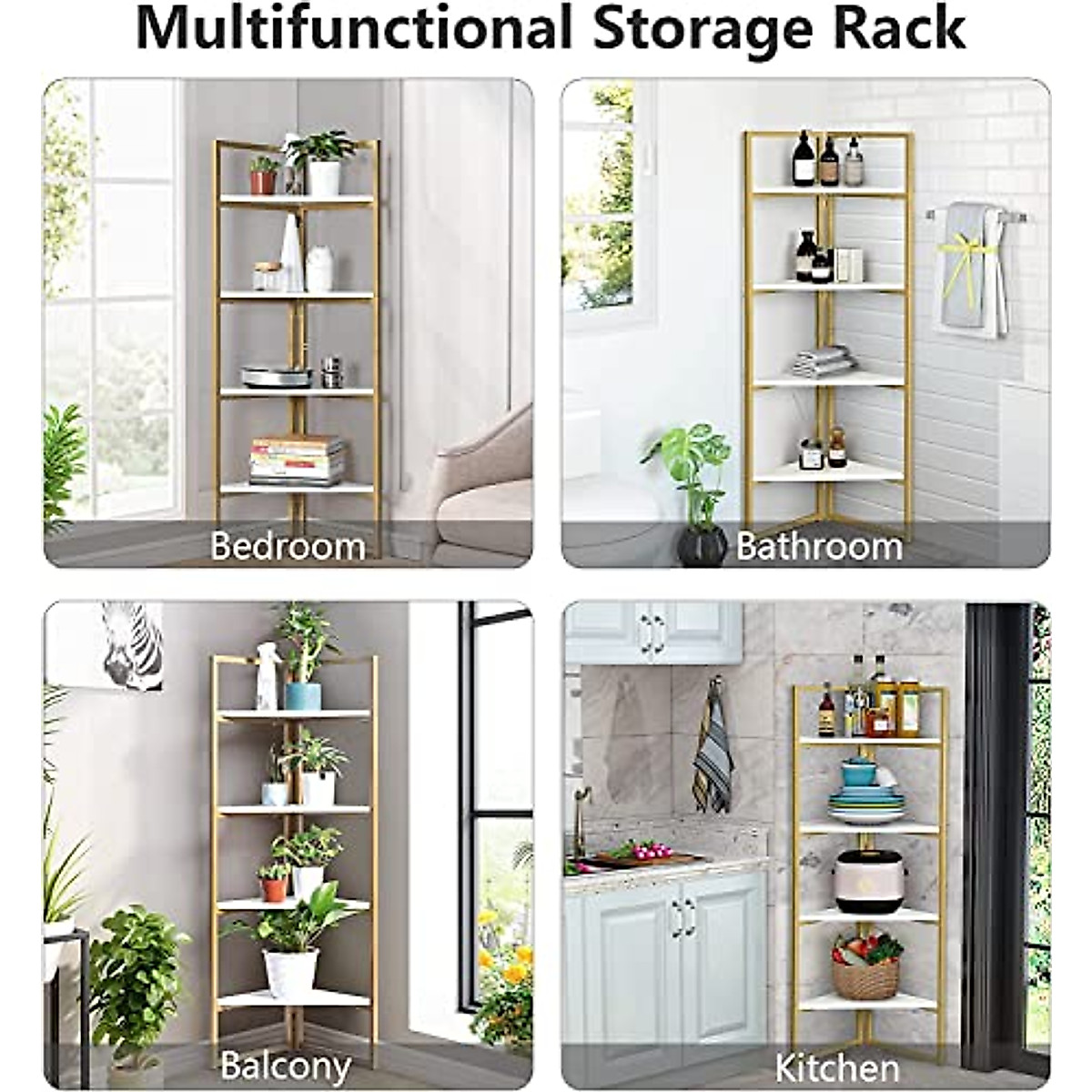 VERYKE 4 Tier Corner Shelf Standing Display Rack Corner Bookshelf Storage Plant Rack with Metal Frame Multipurpose Plant Stand for Living Room, Office, Kitchen, Small Space (Gold/White)