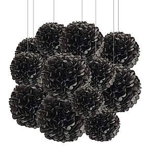 Aimto 12pcs Black Paper Pom Poms Decorations for Party Ceiling Wall Hanging Tissue Flowers Decorations - 1 Color of 12 Inch, 10 Inch