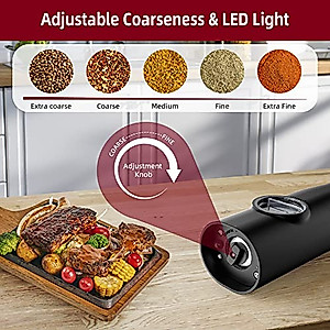 TLCCV Electric Salt and Pepper Grinder Set Rechargeable Automatic Black Salt & Pepper Mill 2 Pcs with Charging Base, Type-C USB Cables, LED Lights, Adjustable Coarseness, One Hand Operation