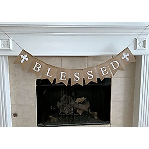 Shimmer Anna Shine Blessed Burlap Banner Baptism and Easter Decorations Christening First Communion Confirmation Baby Shower Wedding Birthday Party Supplies with Cross