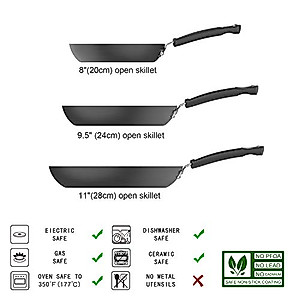 Amazon Basics Hard Anodized Non-Stick 3-Piece Skillet Set, 8-Inch, 9.5-Inch and 11-Inch, Black
