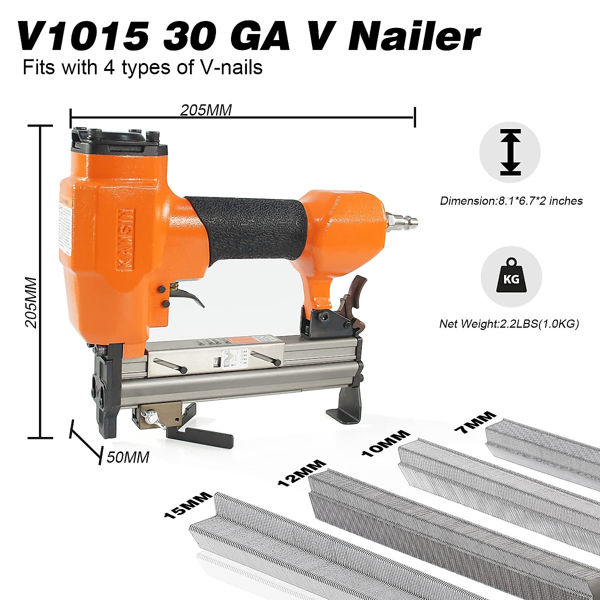 KAMSIN #V1015 30 Gauge Pneumatic Picture Frame Nailer, 13/32”(10.3mm) Crown V Nailer, 5/16'' to 19/32'' (7-15mm) Leg Length V-nails Tacker V Nails Gun For Picture Frames