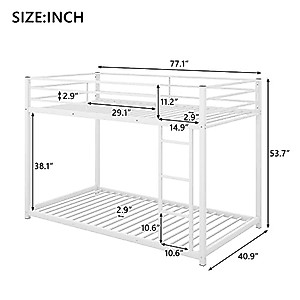 ZJIAH Metal Bunk Bed Twin Over Twin, Low Bunk Bed Frame with Ladder & Guardrail for Teens Adults Dormitory Bedroom, Heavy Duty Metal Bed Frame, Easy Assembly, No Box Spring Required, White