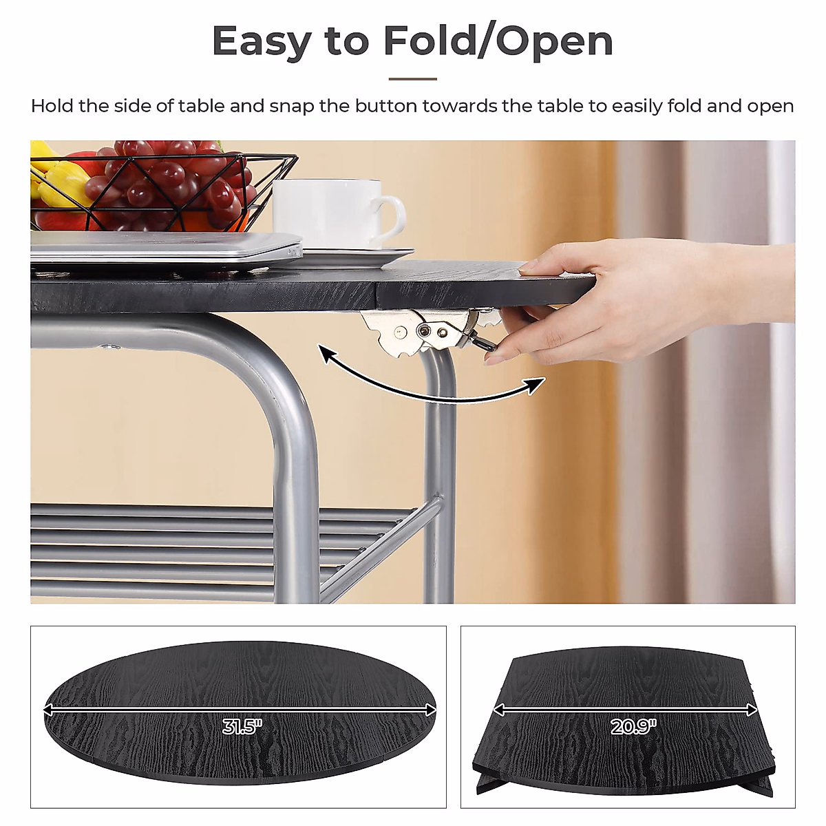 VINGLI 31.5" Drop Leaf Dining Table Set 3 Pieces for Small Space,Small Kitchen Table Set for 2,Round Folding Dining Table with 2 Chairs for Home,Kitchen,Apartment,Silver&Black