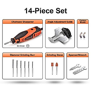 GOXAWEE Chainsaw Sharpener Kit 180W Power Chain Saw Sharpen Tool Set, Electric Blade Sharpening File Comes with 6pcs Diamond Sharpening Wheels, Angle Attachment (5 Speed Setting, 8000~35000 RPM)