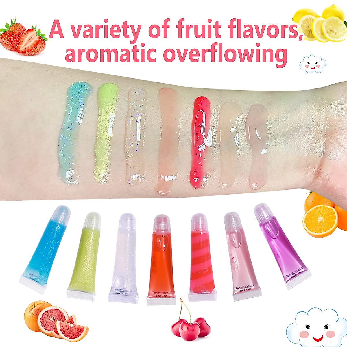 M&U Sparkle Lip Gloss Set with Handbag, 7Pcs Assorted Flavors Hydrating Lip Balm Party Favor Make-up for Kids and Teens Ages 5+