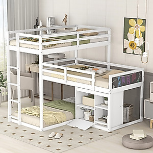 Eafurn L-Shaped Bunk Beds for 3,Twin Size Triple Bunk Beds with Storage Cabinet and Blackboard,Solid Wood Floor Bunk Bed for Kids Teens Adults