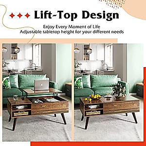 WLIVE Wood Lift Top Coffee Table with Hidden Compartment and Adjustable Storage Shelf, Lift Tabletop Dining Table for Home Living Room, Office, Rustic Oak