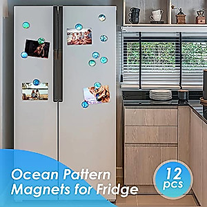 Bamsod 12 PCS Glass Strong Refrigerator Magnets, Ocean Pattern Series Magnets Whiteboard Magnets Glass Fridge Magnets for Office Cabinets Round Fridge Stickers Home Kitchen Decor