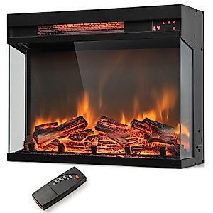 Tangkula 23-Inch 3-Sided Electric Fireplace Insert with Remote Control, 1500W Fireplace Heater with Thermostat, Adjustable Brightness, 8H Timer, Overheat Protection