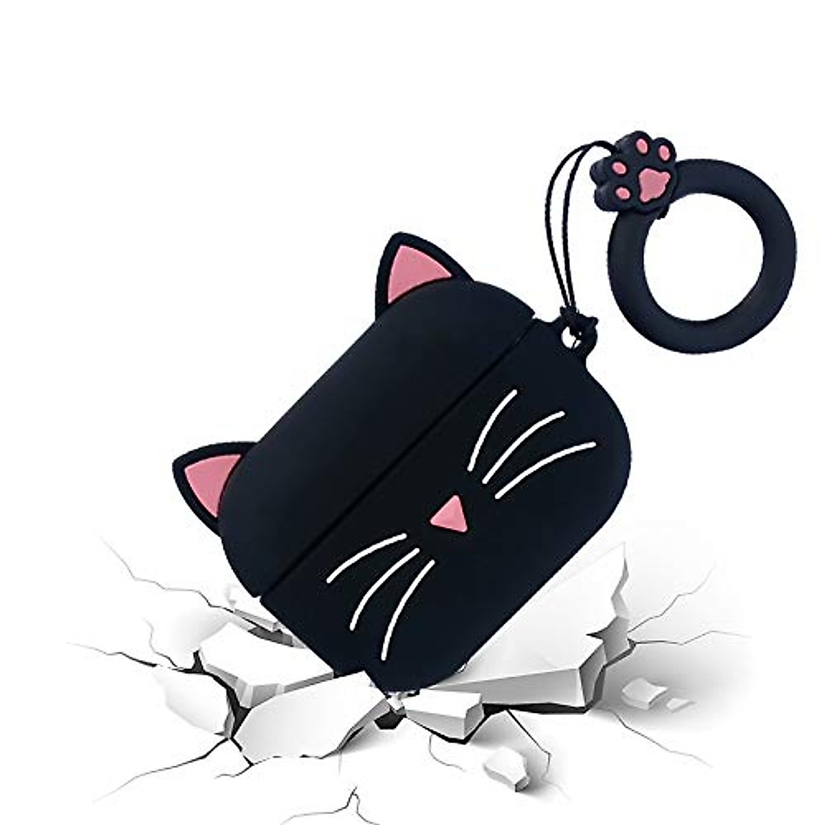 Airpods Pro Case Cute Cat Kitty Silicone Cover 3D Anime Cartoon Kawaii Funny Novelty Cool Protective Carrying Skin with Anti-Lost Strap Carabiner for Girls Women Kids Airpod 3 Wirless Charging Case