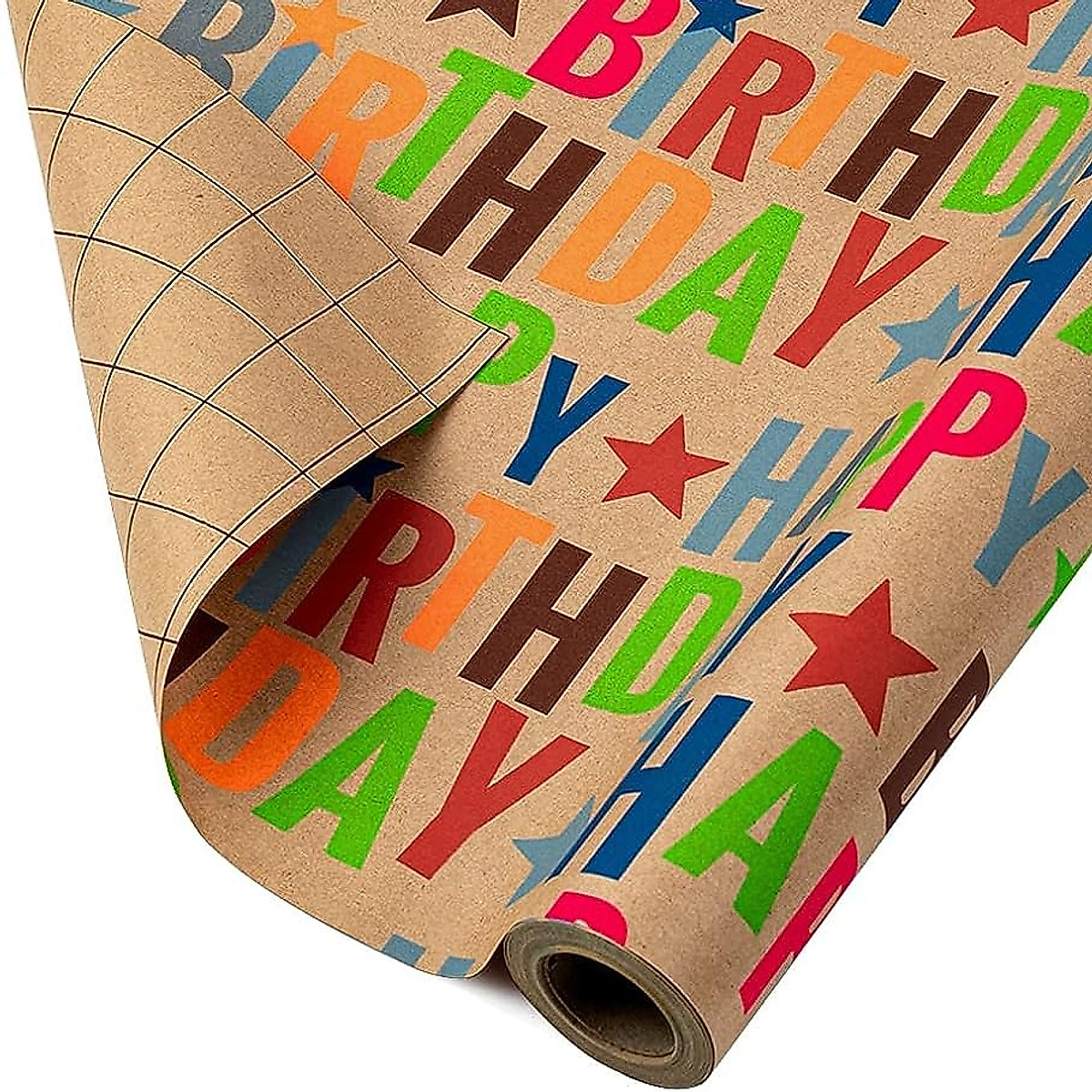 BIOBROWN Kraft Wrapping Paper Roll Colorful Text Happy Birthday Design Perfect for Birthday Holiday Wrap 17 inch X 33 feet