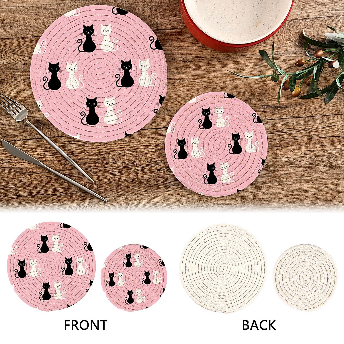 Black and White Cats Trivets for Hot Pots Dishes Heat Resistant,Kitten Pans Hot Mats Pads for Kitchen Decorative Counter Tops Dining Washable Pot Holder Coasters Set,Gift for Mom