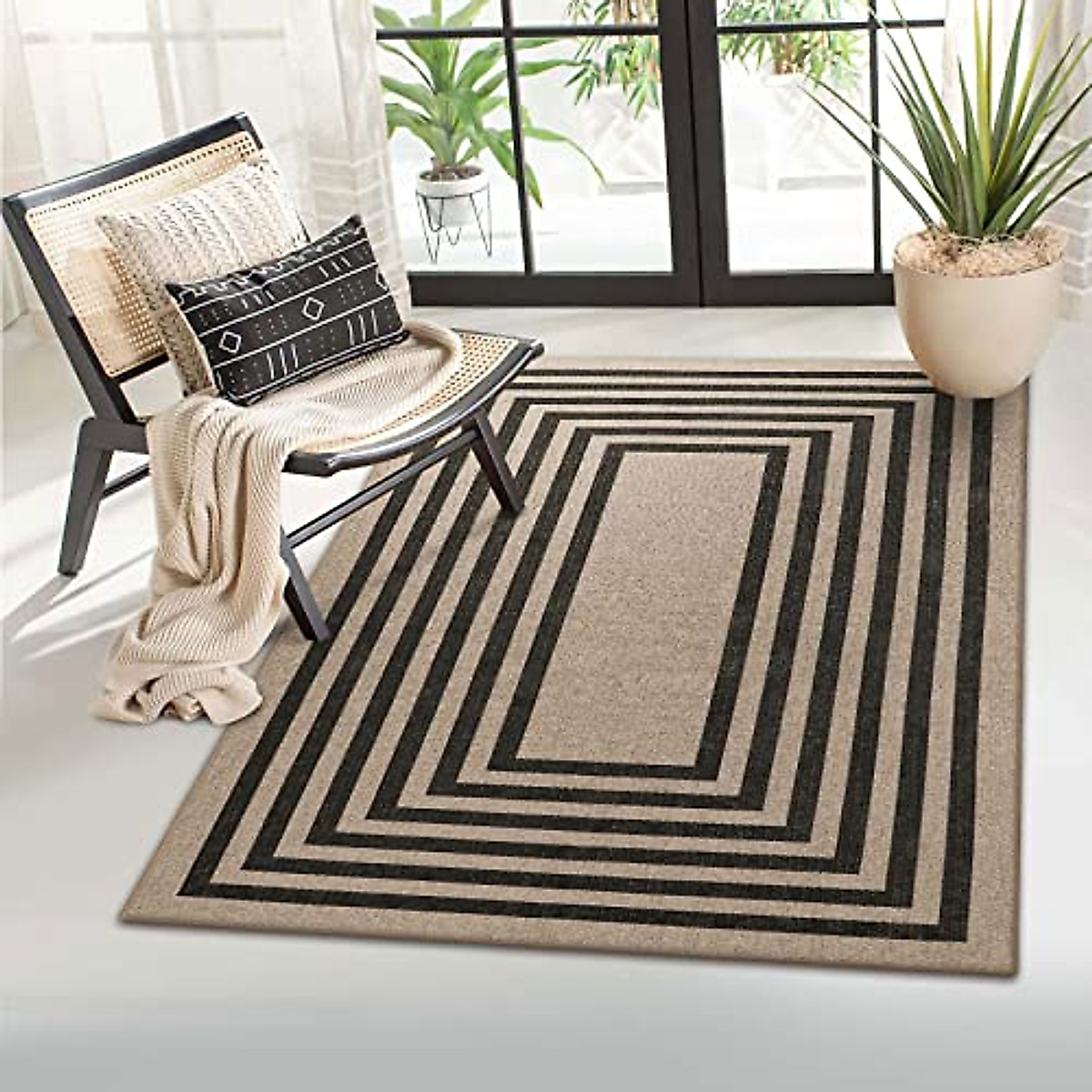 Lahome Modern Geometric Easy Jute Rug, Black 3x5 Kitchen Rug Washable Area Rug for Bedroom Thin Non Slip Indoor Door Mat, Farmhouse Laundry Room Rug Contemporary Carpet for Office Outdoor Patio