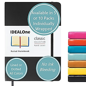 IDEALOne Journal Notebook Lined Classic Hardcover – For Work, Home, School, 5.7 x 8 inches, 160 pages, 100GSM Thick Paper, with Elastic Band Closure and Ribbon Bookmark, Black