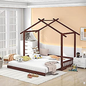 Tidyard Extending House Bed, Wooden Daybed, Walnut for Bedroom Dorm Guest Room Home Furniture