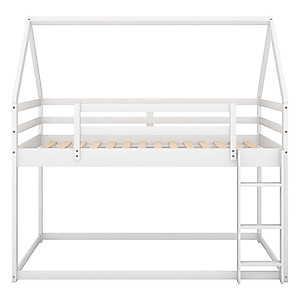 Twin Over Twin House Bunk Bed, Wood Montessori Floor Bunk Bed Frame with Ladder, Low Bunk Beds with Roof for Kids, Teens, Girls, Boys, White
