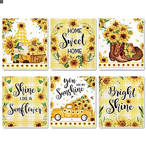 Whaline 6Pcs Sunflower Swedish Kitchen Dishcloths Yellow Flower Gnome Truck Dish Towel Bright Shine Sweet Home Spring Summer Cotton Absorbent Dish Cloth for Cleaning Housewarming, 6.9 x 7.7 Inch