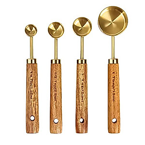 GuDoQi Measuring Cups and Spoons Set of 8, Wood Handle with Metric and US Measurements, Premium Stainless Steel, Golden Polished Finish, Dry & Liquid Measuring Cup, for Cooking and Baking