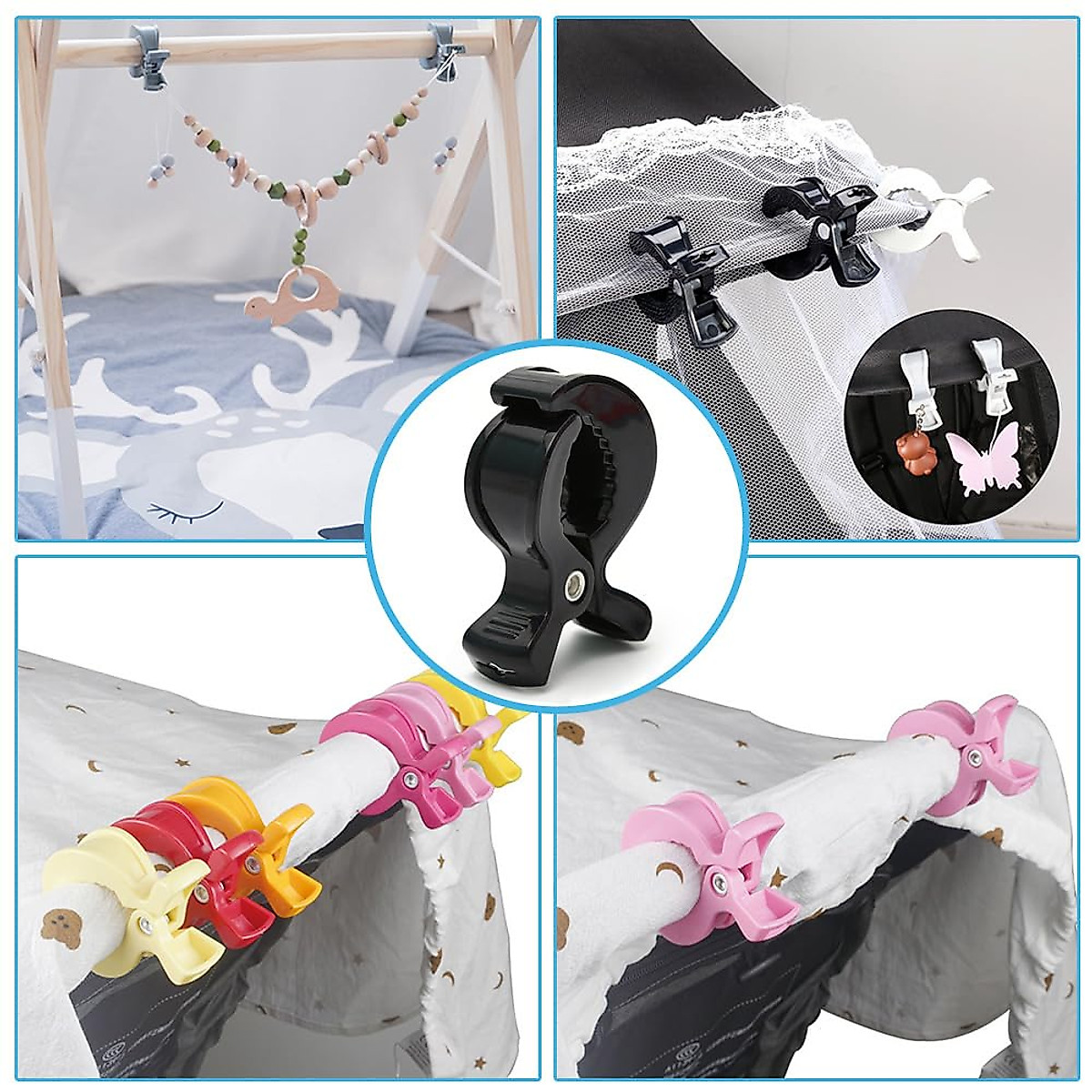AKOAK 6 PCS Colorful Stroller Clip, Stroller Toy Holder, Blanket Clip, Sunshade, Windproof Clip, or Other Fixed, Plastic Universal Clip - Stroller Accessories