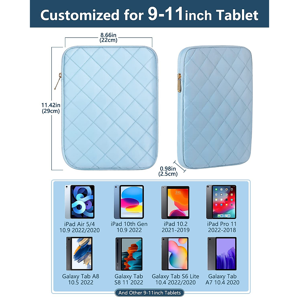 Dadanism 9-11" Tablet Sleeve for iPad 10.2 9/8/7th, iPad 10th Gen 10.9, iPad Pro 11 M4, iPad Air 11", iPad Air 5/4 10.9, Galaxy Tab A9+/S9 FE/A8, Puffy Padded Protective iPad Carrying Case, Blue