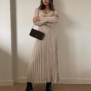 SOOKABEILA Women's Sexy Long Maxi Dress V Neck Backless Slim Fit Pencil Long Dress Bodycon Party Clubwear Dresses (G-Beige V Neck Knit,M)