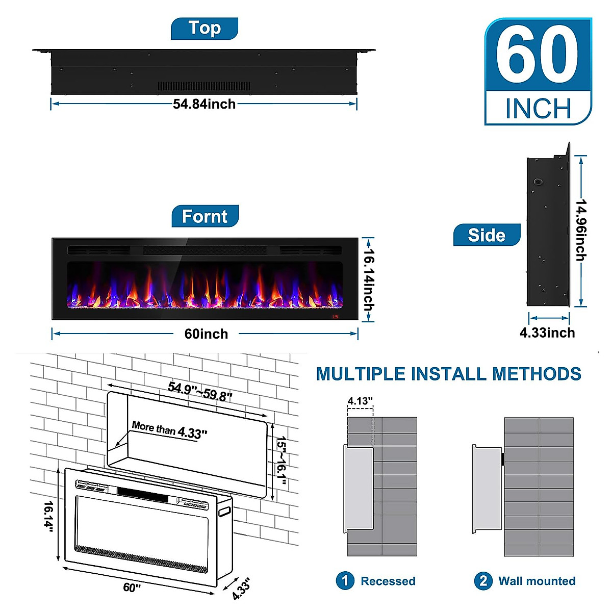 60 Inch Electric Fireplace Recessed and Wall Mounted, Fireplace Heater and Linear Fireplace, Ultra-Thin Electric Fireplace, Low Noise, with Timer, Remote Control, Adjustable 12 Flame Color, 750/1500W