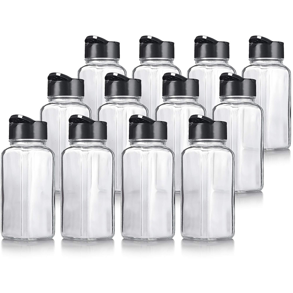 JUVITUS 4 oz / 120 ml Clear Glass Square Spice Jar with Black Sifter (12 pack) - Two Sided Sifter Cap (shaker holes/pour open) and Freshness Seal for a professional look