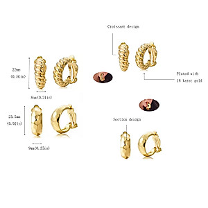 Clip on Earrings Women, 14K Gold Hoop Clip-On Earrings for Women, Hypoallergenic Non Pierced Croissant Earrings