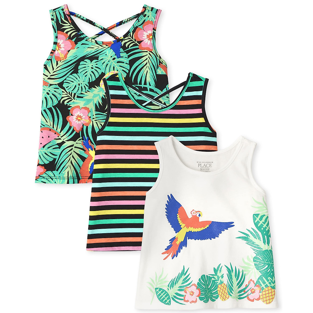 The Children's Place Baby Toddler Girls Sleeveless Fashion Tank Top, Tropical/Tropical Scene/Stripes 3-Pack, 4T