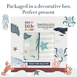 My Little Zone 100% Cotton Changing Pad Cover for Baby Boys and Girls, Nautical - Breathable Bassinet, Mini Crib Mattress Fitted Sheets - Ocean Stars, 32"x16" with 8" Deep Pocket, Teal-White, 2 Pack