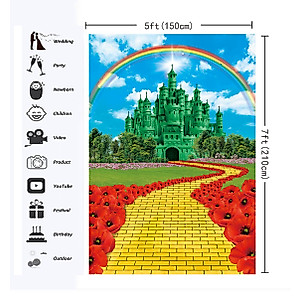 Green Castle Yellow Brick Road Backdrop for Party Decorations 5x7FT Rainbow Floral Castle Gold Brick Road Photography Background Baby Shower Princess Party Decorations Supplies