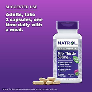 Natrol Milk Thistle 525 mg per serving, Dietary Supplement for Digestive Health, Milk Thistle Supplement, 60 Capsules, 30 Day Supply