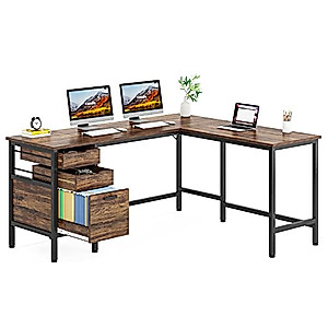 Tribesigns L Shaped Desk with File Drawer Cabinet, 59 Inch Corner Desk L Shaped Computer Desk with Drawers, PC Table Writing Desk for Home Office, Rustic Brown