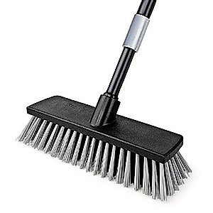 LandHope Hard Bristle Deck Broom Adjustable Long Handled Scrub Brush Heavy Duty Concrete Push Broom Outdoor Brush Garage Broom Wood Large Floor Scrubber 30-49 inch Balcony Broom