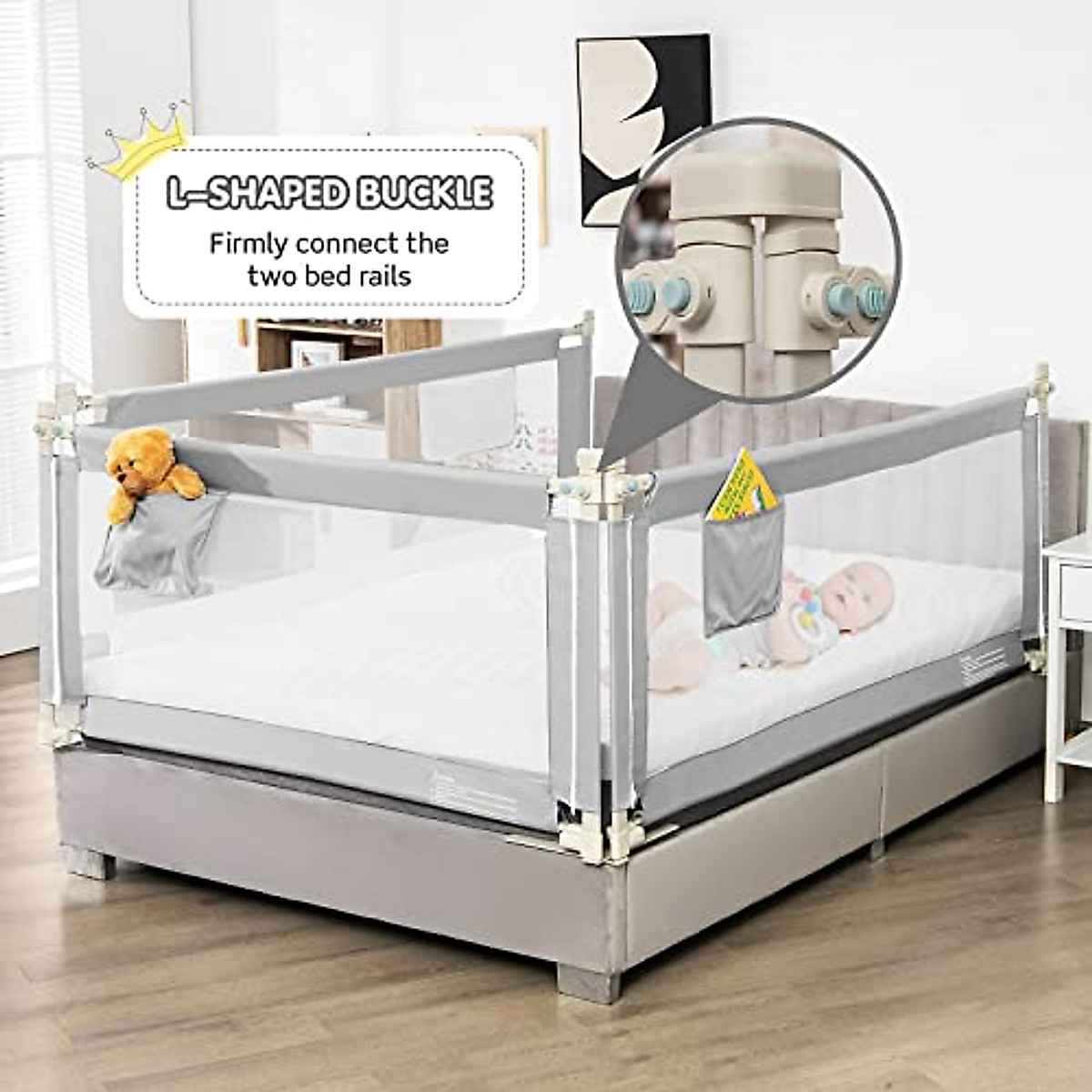 BABY JOY Bed Rail for Toddlers, 69’’ Extra Long, Height Adjustable & Foldable Baby Bed Rail Guard w/Storage Pocket & Double Safety Child Lock for Kids Twin Double Full Size Queen King Mattress (Gray)
