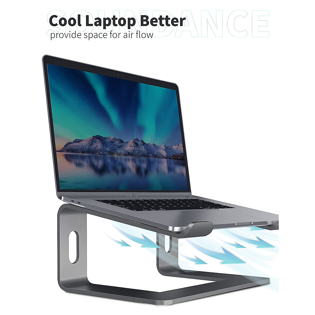SOUNDANCE Laptop Stand, Aluminum Computer Riser, Ergonomic Laptops Elevator for Desk, Metal Holder Compatible with 10 to 15.6 Inches Notebook Computer, Grey