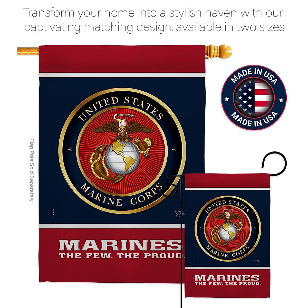 Breeze Decor Proud Marine Corps Garden Flag Set Mailbox Hanger Armed Forces USMC Semper Fi United State American Military Veteran Retire Official House Banner Small Yard Gift Double-Sided, Made In USA
