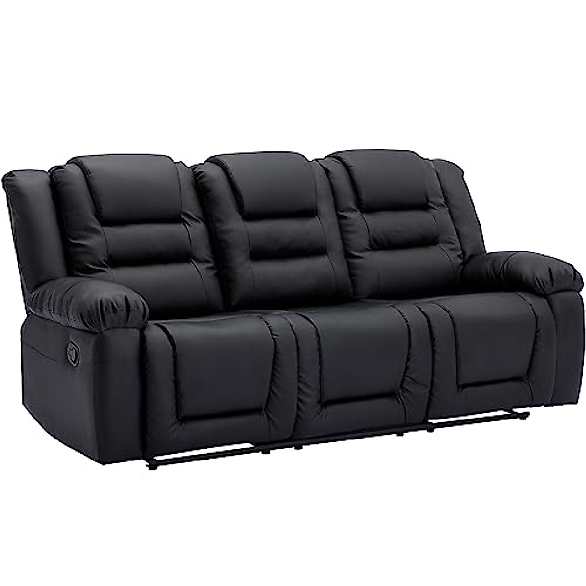 Eafurn PU Leather Double Center Console, Manual Recliner w/Easy Pull Handles and Adjustable Footrest, 3-Seater Sofa & Couch for Living Room Theater Seating RV Furniture, Black