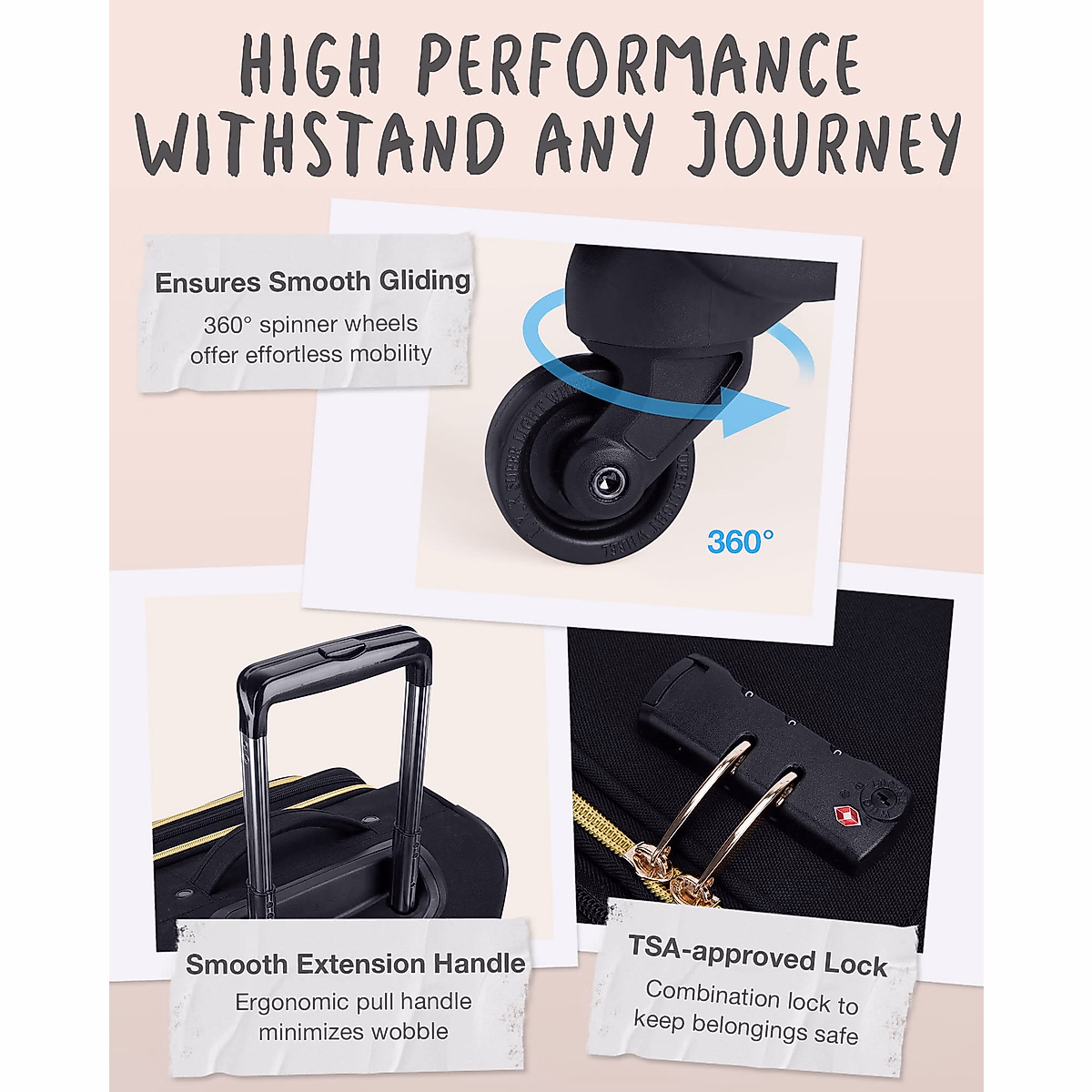 BAGSMART Carry On Luggage 20 Inch, Expandable Suitcase, Luggage with Duffel Luggage Airline Approved Rolling Softside Suitcases Women Men, Carry-On Black Square Quilted