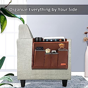Geeice Sofa Armchair Caddy, Remote Control Holder 5 Pockets Organizer for Recliner Couch, Armrest Side Pocket Storage for Magazine Tablet and Phone, Brown