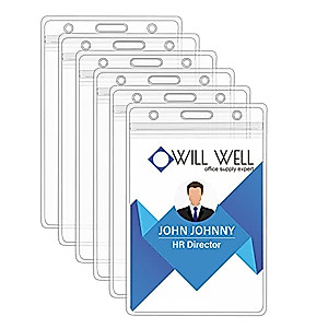 6 Pack Extra Thick ID Badge Holder - Vertical Clear ID Holder for Lanyard - ID Card Holder with Waterproof Resealable Zip - Name Tag Holder for Nurses, Office and School