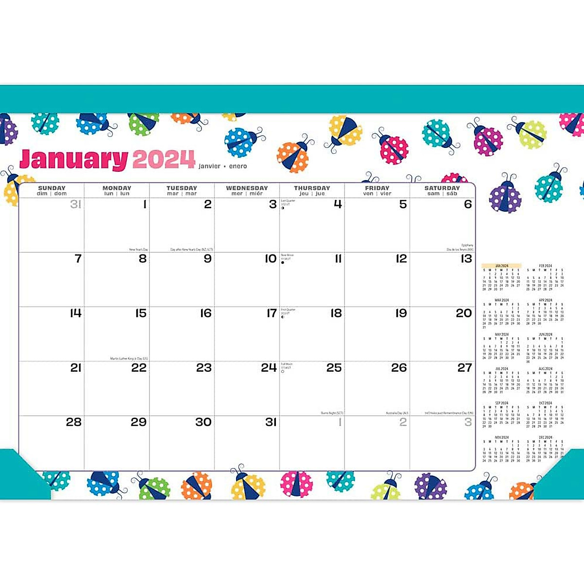 Ladybug Party | 2024 15.5 x 11 Inch 18 Months Monthly Desk Pad | July 2023 - December 2024 | StarGifts | Planning Stationery