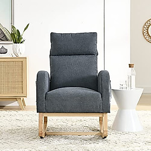 Modern Accent High Back Living Room Lounge Arm Rocking Chair, Upholstered Glider Rocking Chair For Baby And Kids, Comfortable Armchair With Side Pockets For Baby Room/Living Room/Bedroom (Black)