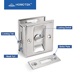 HOMOTEK 2 Pack Privacy Pocket Door Lock Hardware with Pull - Replace Old Or Damaged Sliding Door Locks Quickly and Easily, 2-3/4”x2-1/2”, for 1-3/8” Thickness Door, Brushed Nickel