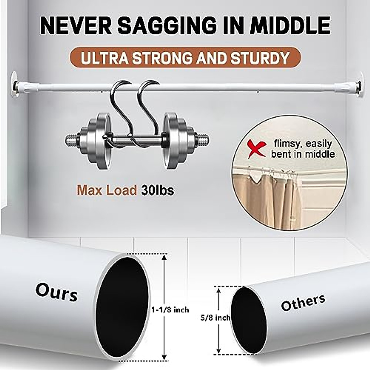 Shower Curtain Rod, 43-100 inch Adjustable Spring Tension Curtain Rod with Holder, Non-Slip Rustproof Waterproof Never Fall Shower Rod for Bathroom Window, No Drill, White