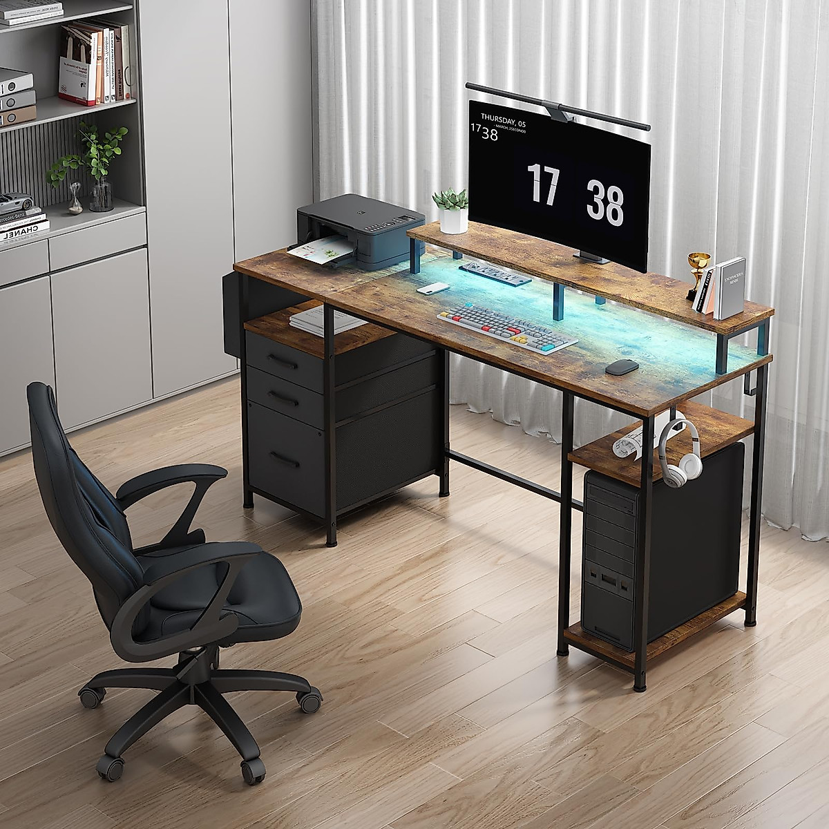 Lufeiya Computer Desk with Fabric File Drawers Cabinet, 55 Inch Home Office Desk with Shelves Monitor Stand, Study Writing Gaming Desks with Led Lights and Power Outlets for Bedroom, Rustic Brown